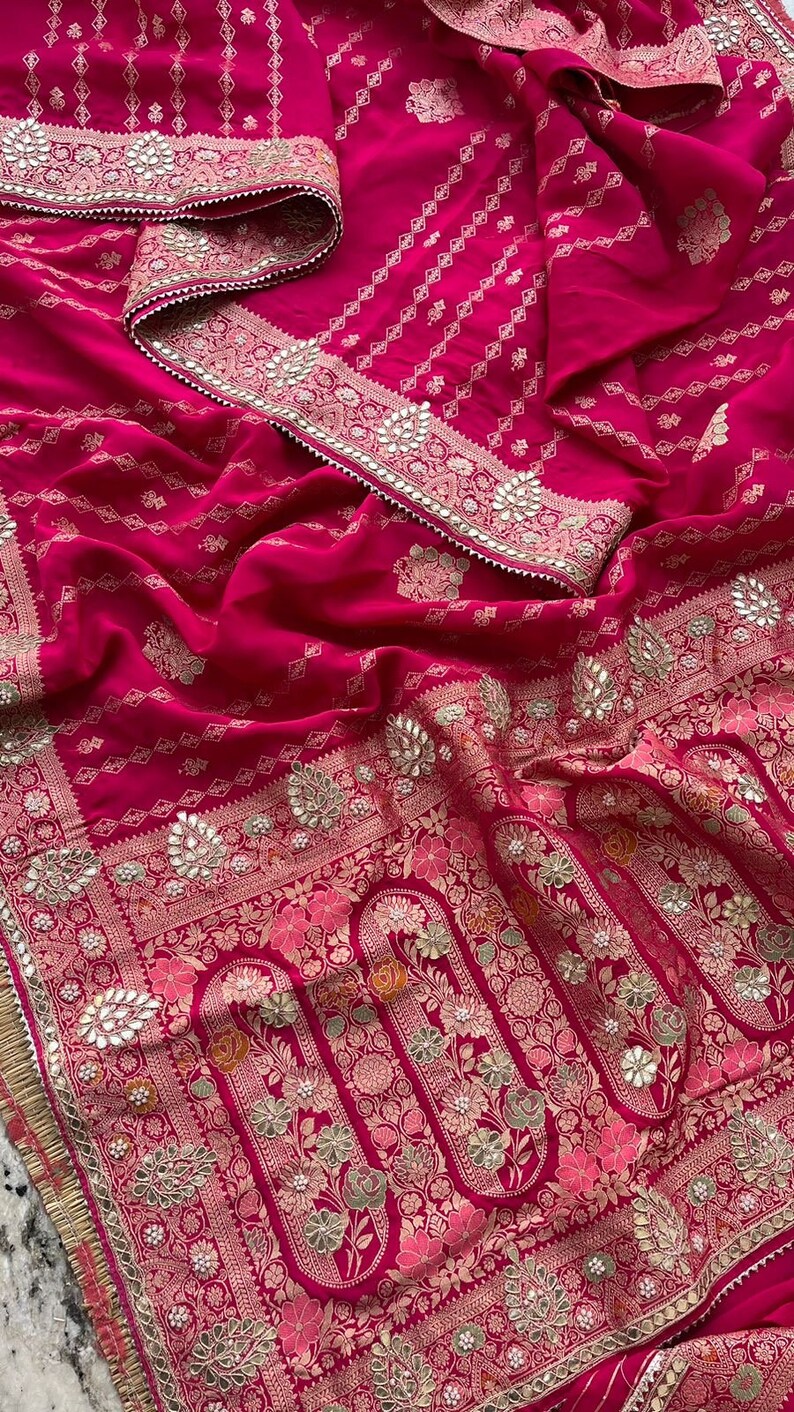 Rani Colour Saree Gotta Patti Zardozi Handwork Saree Wedding Outfit ...