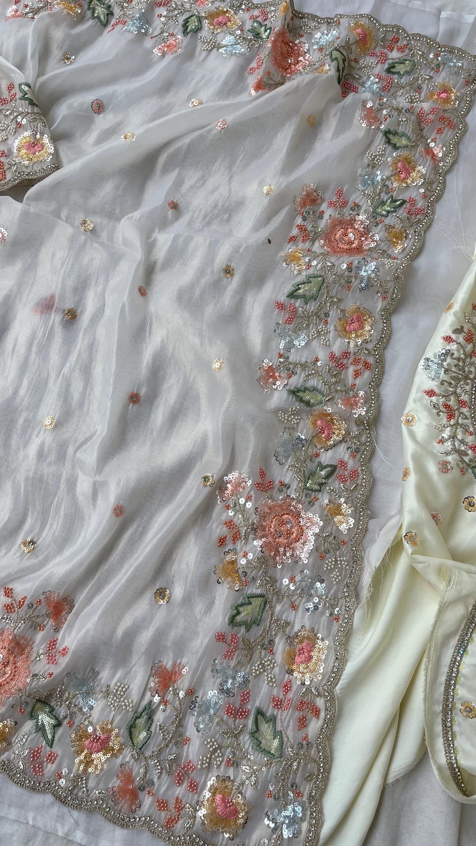 Off-white Tissue Saree, Pearl & Cutwork, Designer Blouse - Etsy
