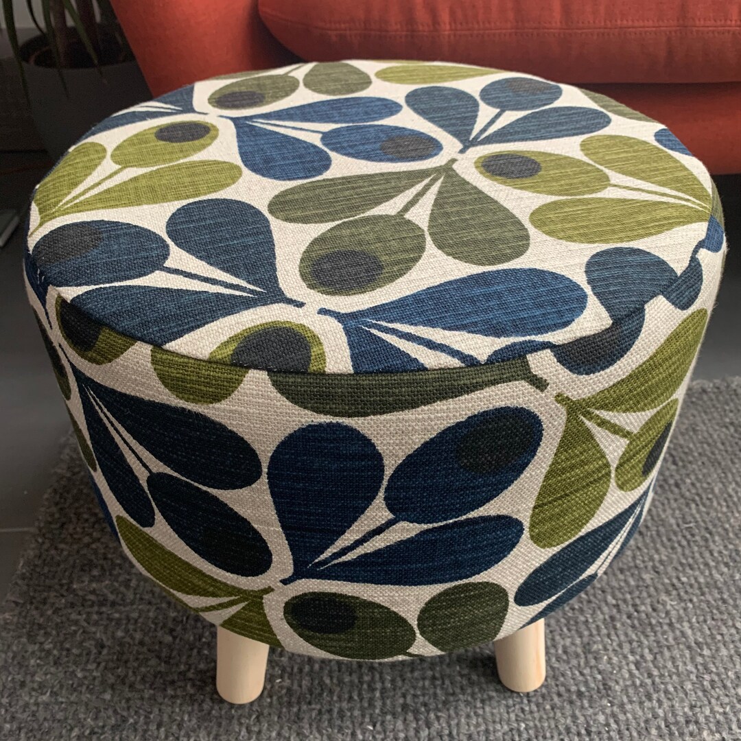 Large Round Footstool in Mid Century Blue Acorn Fabric. - Etsy UK