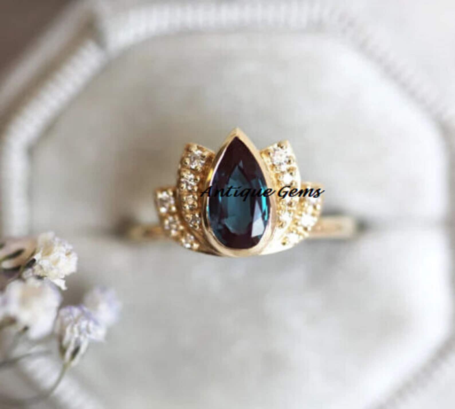 14k Yellow Gold 4ct Pear Cut Alexandrite Gemstone &diamond - Etsy