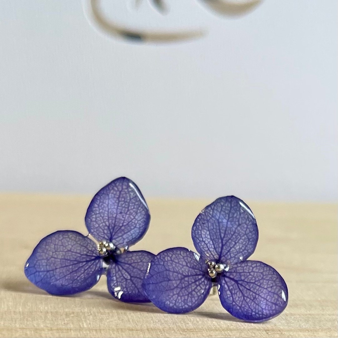 Purple Blue Hydrangeas Stud Earrings, Resin Flower Earrings, Real ...