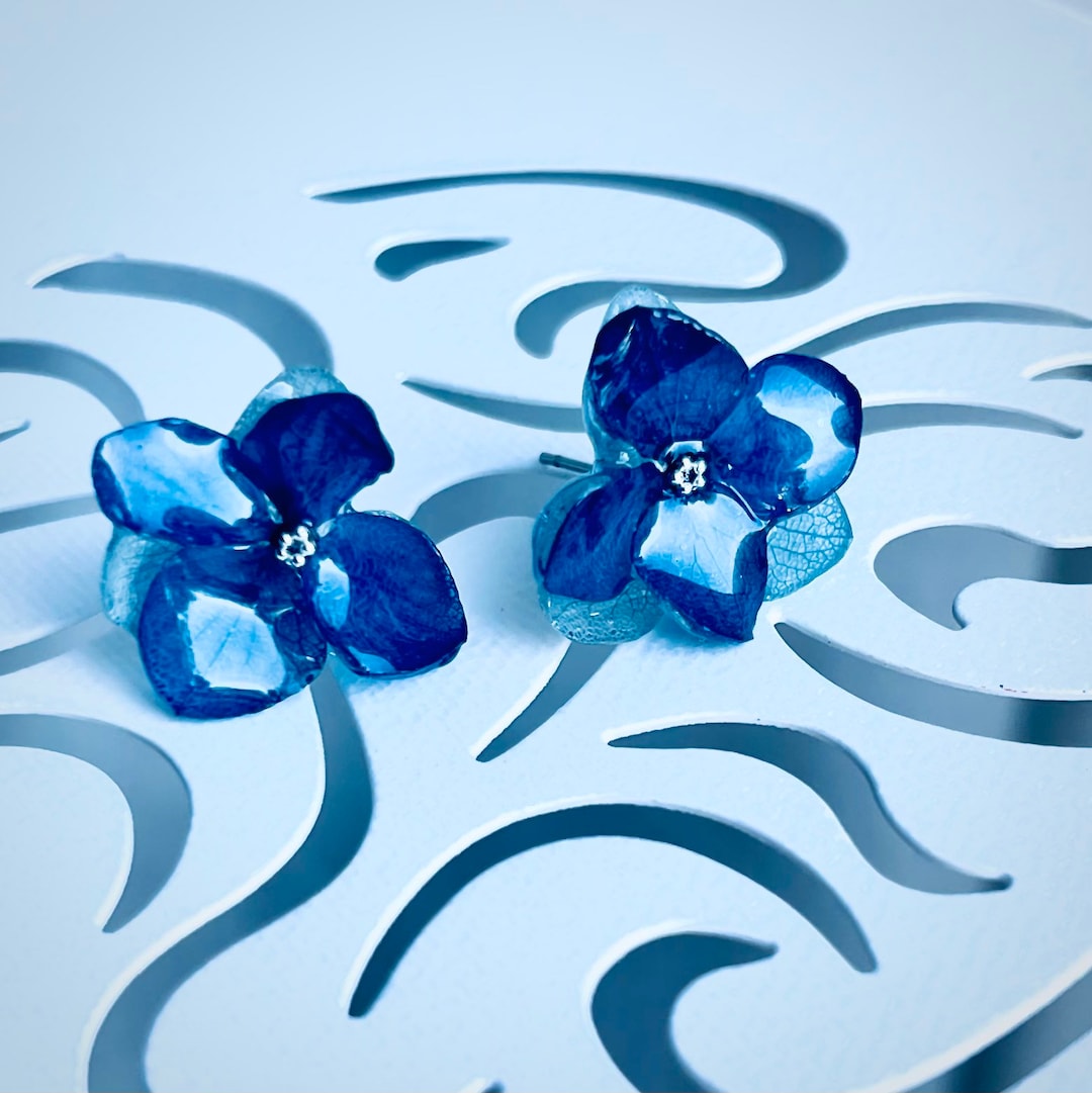 Dark Blue Flower Stud Earrings Hydrangea Hortensia Earrings - Etsy