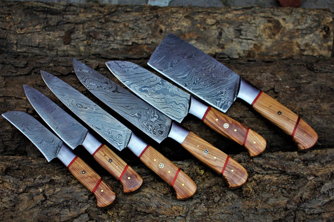 Handmade Damascus Chef Set of 7pcs With Leather, Damascus Knife Set ...