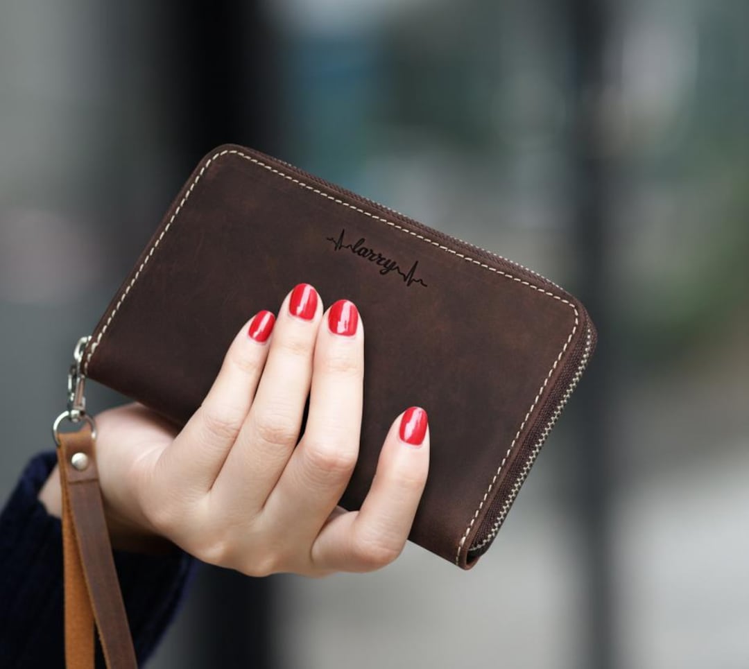 Personalized Leather Zipper Wallet for Women Custom Name Minimal Design ...