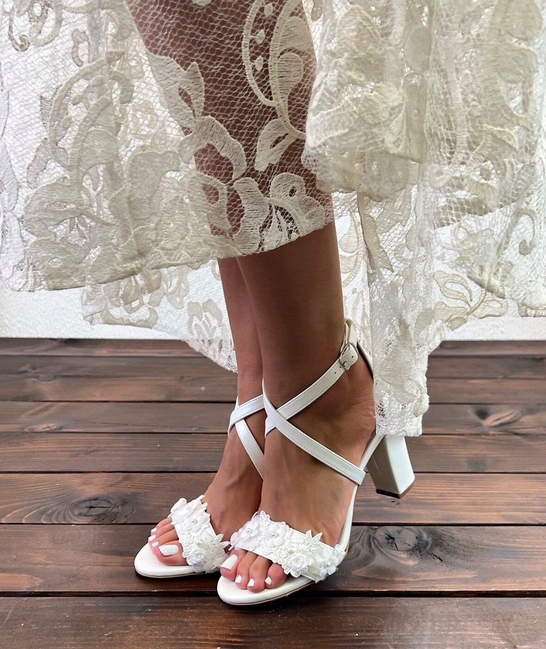 Block Heel Bridal Sandals • White Lace Bridal Shoes by Santorini ...