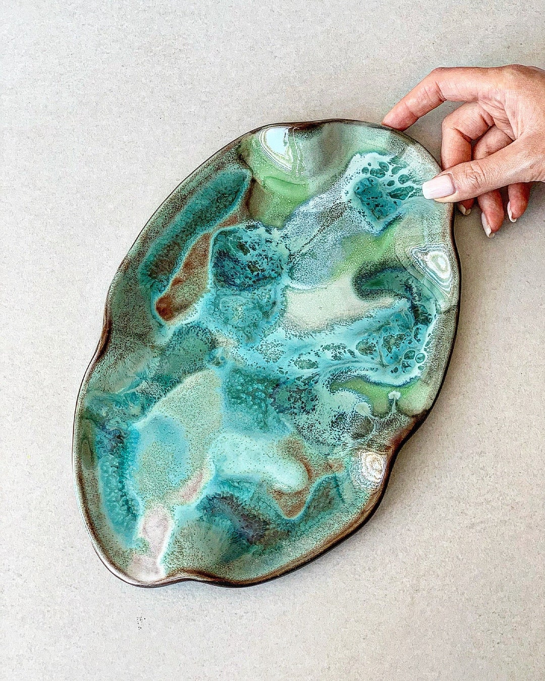 Handmade Ceramic Platter WATERFALL Turquoise-green 28 Cm X 18 Cm Plate ...