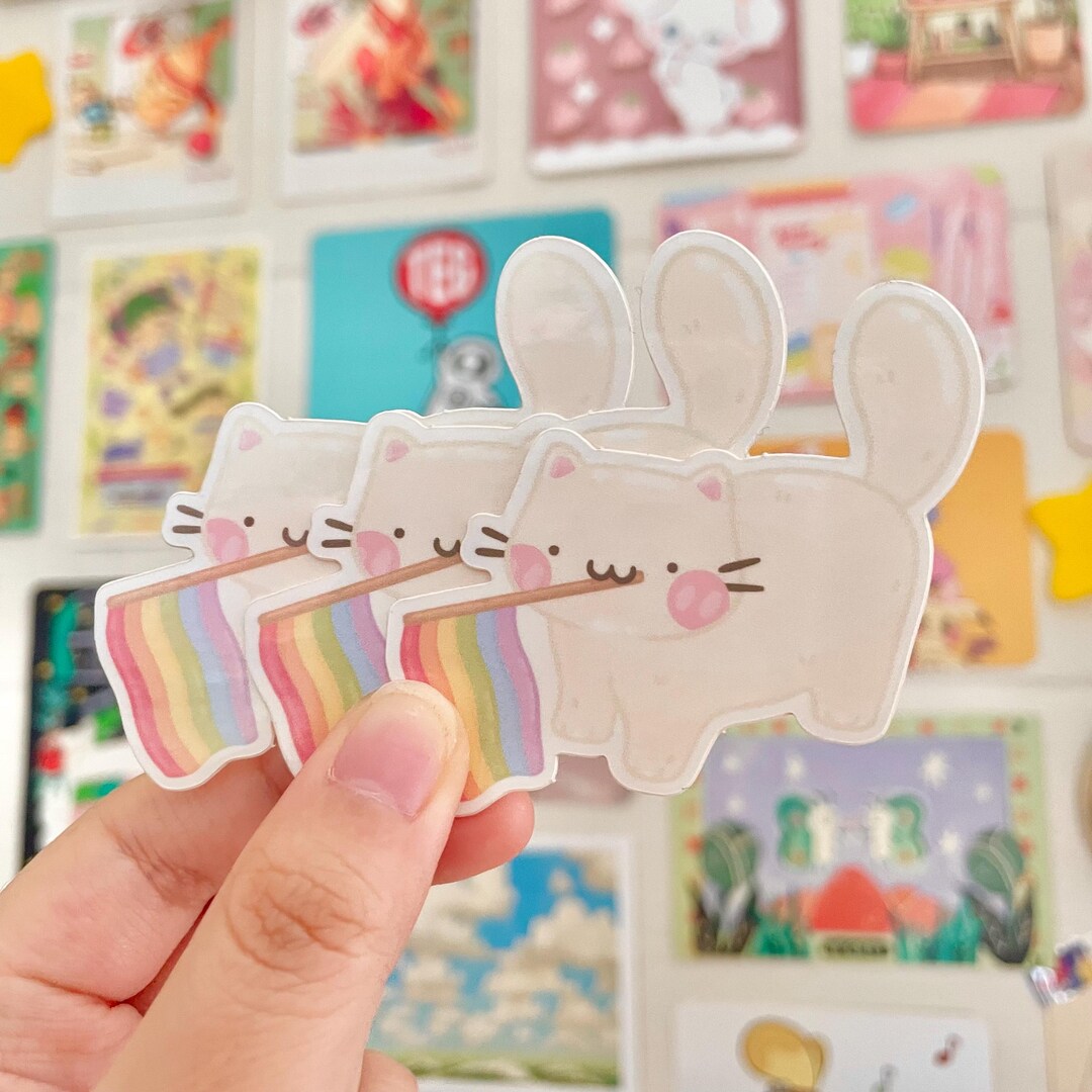 Pride Kitty | Cat With Rainbow Flag Waterproof Sticker - Etsy