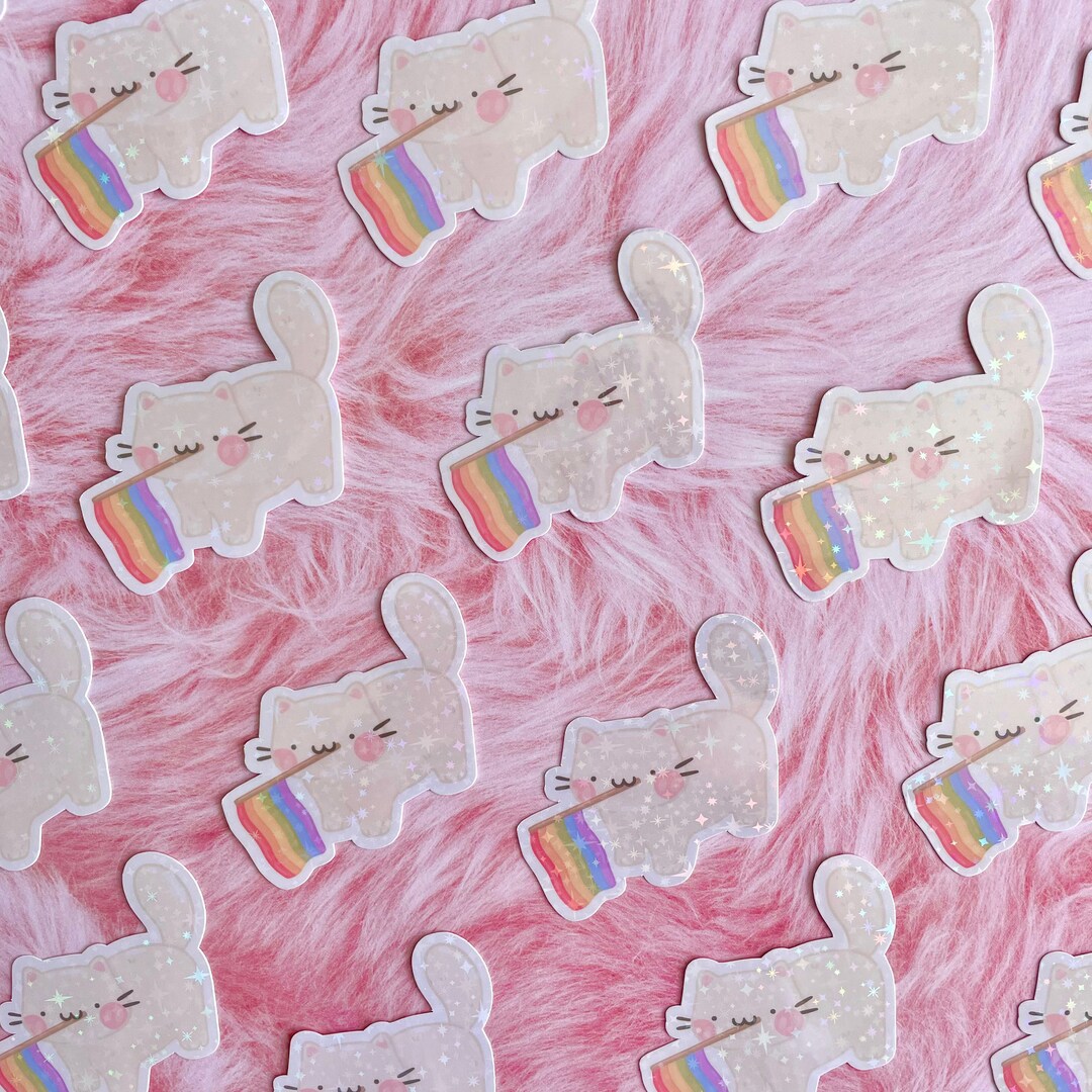 Pride Kitty Cat With Rainbow Flag Sparkly Waterproof Sticker - Etsy