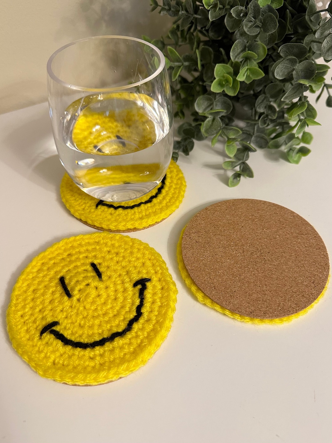 Smiley Face Coasters With Cork Backing Crochet - Etsy