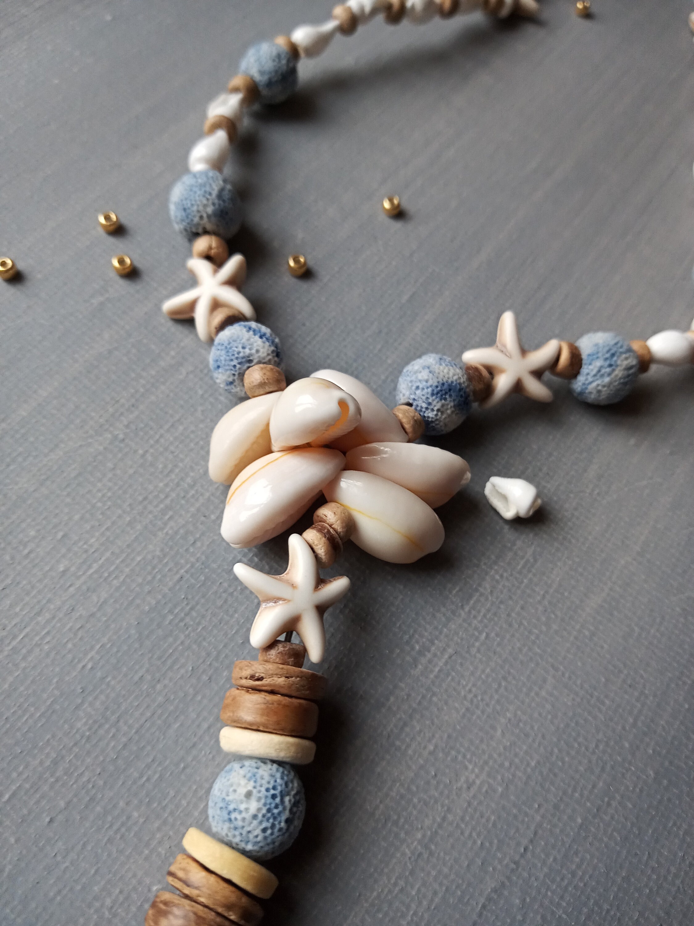 Schöne Boho Halskette Quaste Halskette Eis blau Holz Muscheln | Etsy