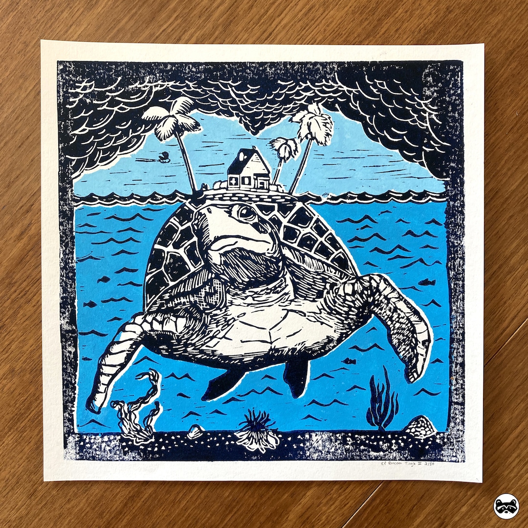 Linocut TURTLE ISLAND Original Print Engraving 30 X 30 Cm Linocut - Etsy