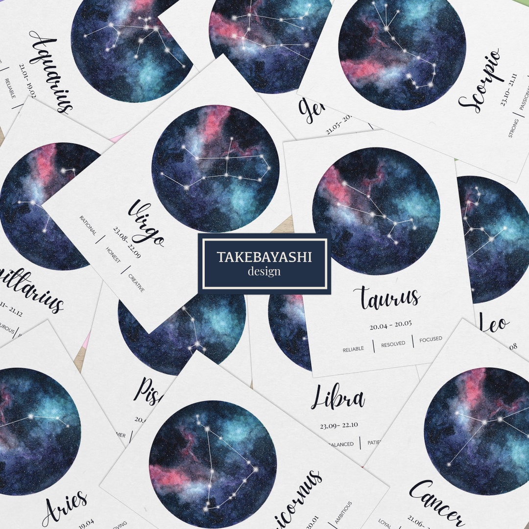 Astrology Cards Set of 12 Birthday Cards, Printable A6 Constellation ...