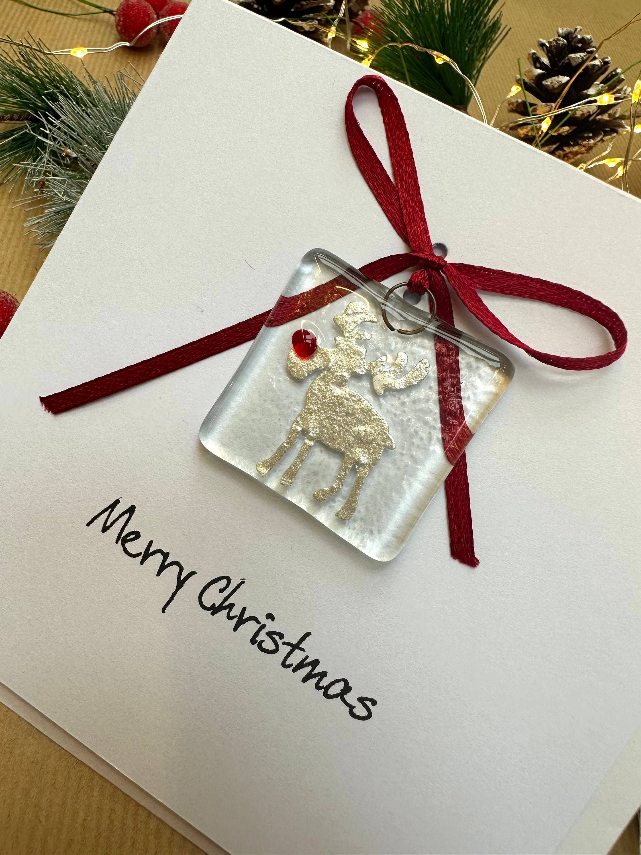 Handmade Fused Glass Christmas Card With Silver Coloured Rudolf. Fused ...