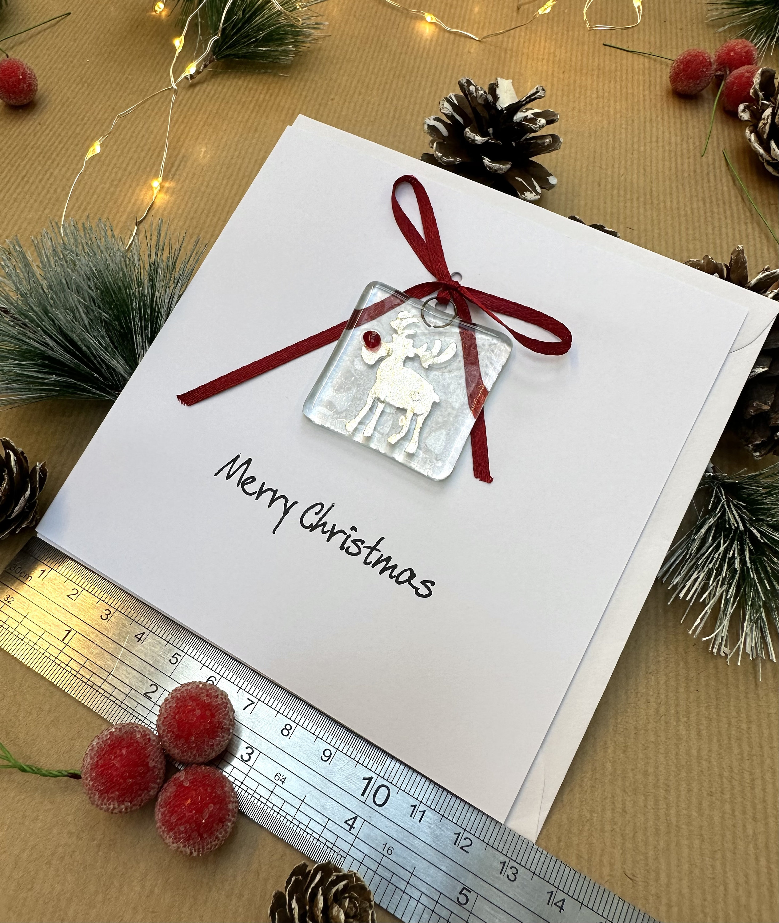 Handmade Fused Glass Christmas Card With Silver Coloured Rudolf. Fused ...