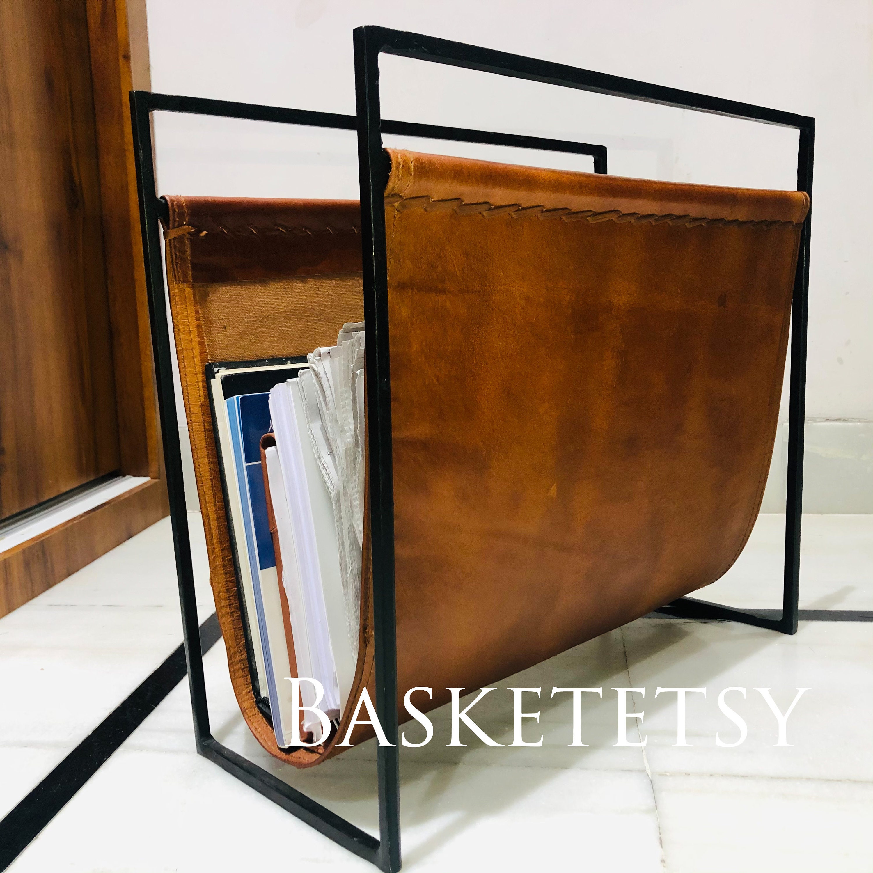Leather Magazine Rack Brown Leather Magazine and Paper Holder - Etsy