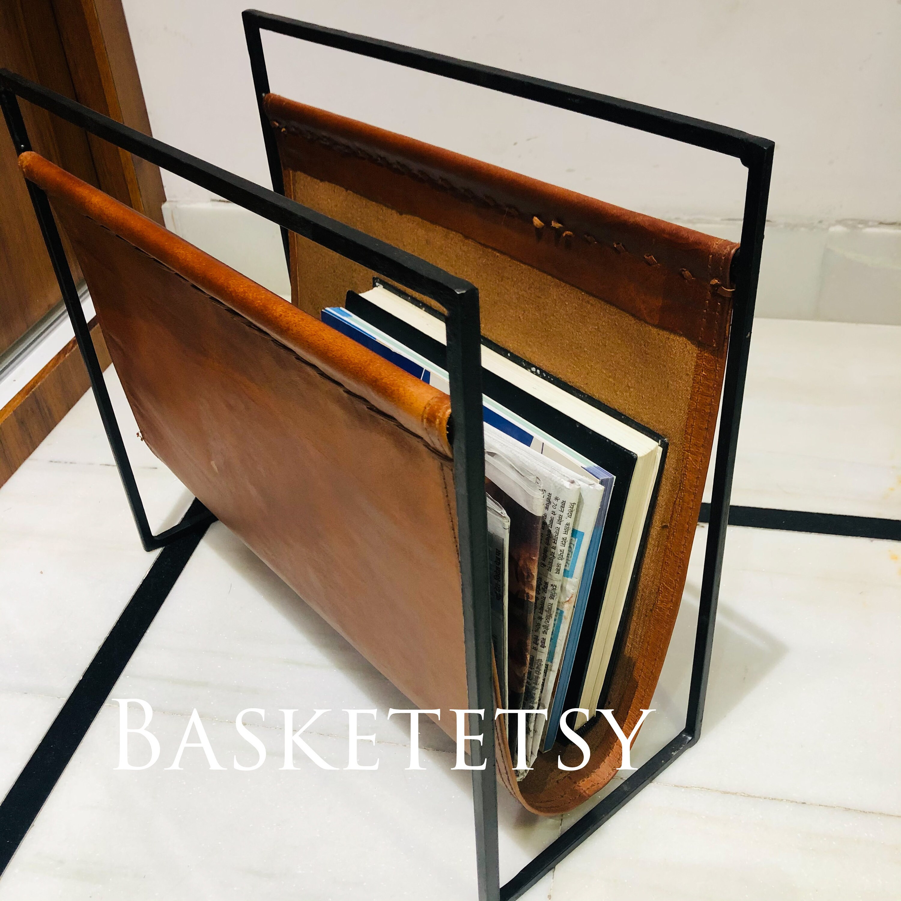 Leather Magazine Rack Brown Leather Magazine and Paper Holder - Etsy