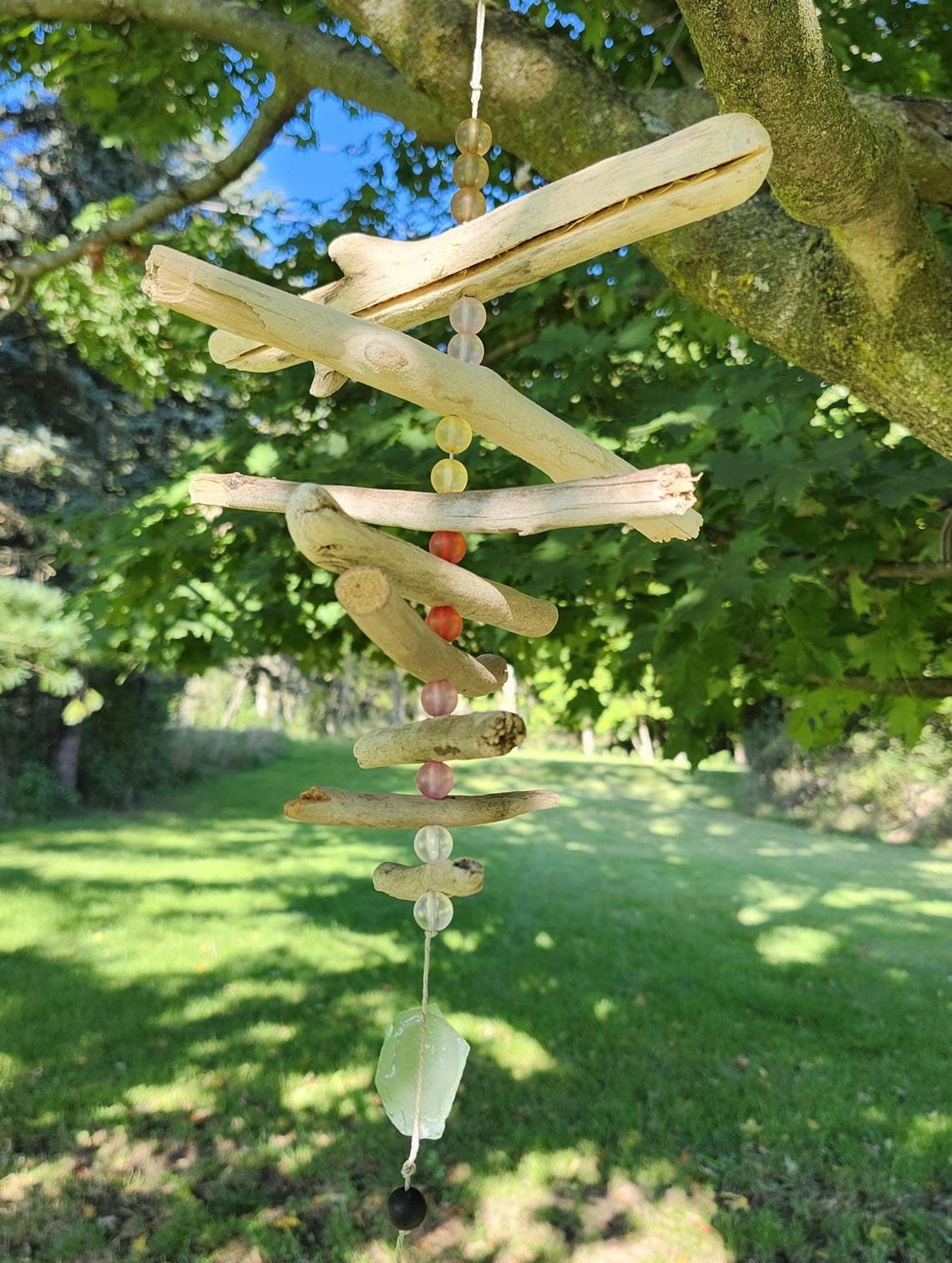 Driftwood Wind Chime, With Colorful Bead and Beach Glass Accent ...