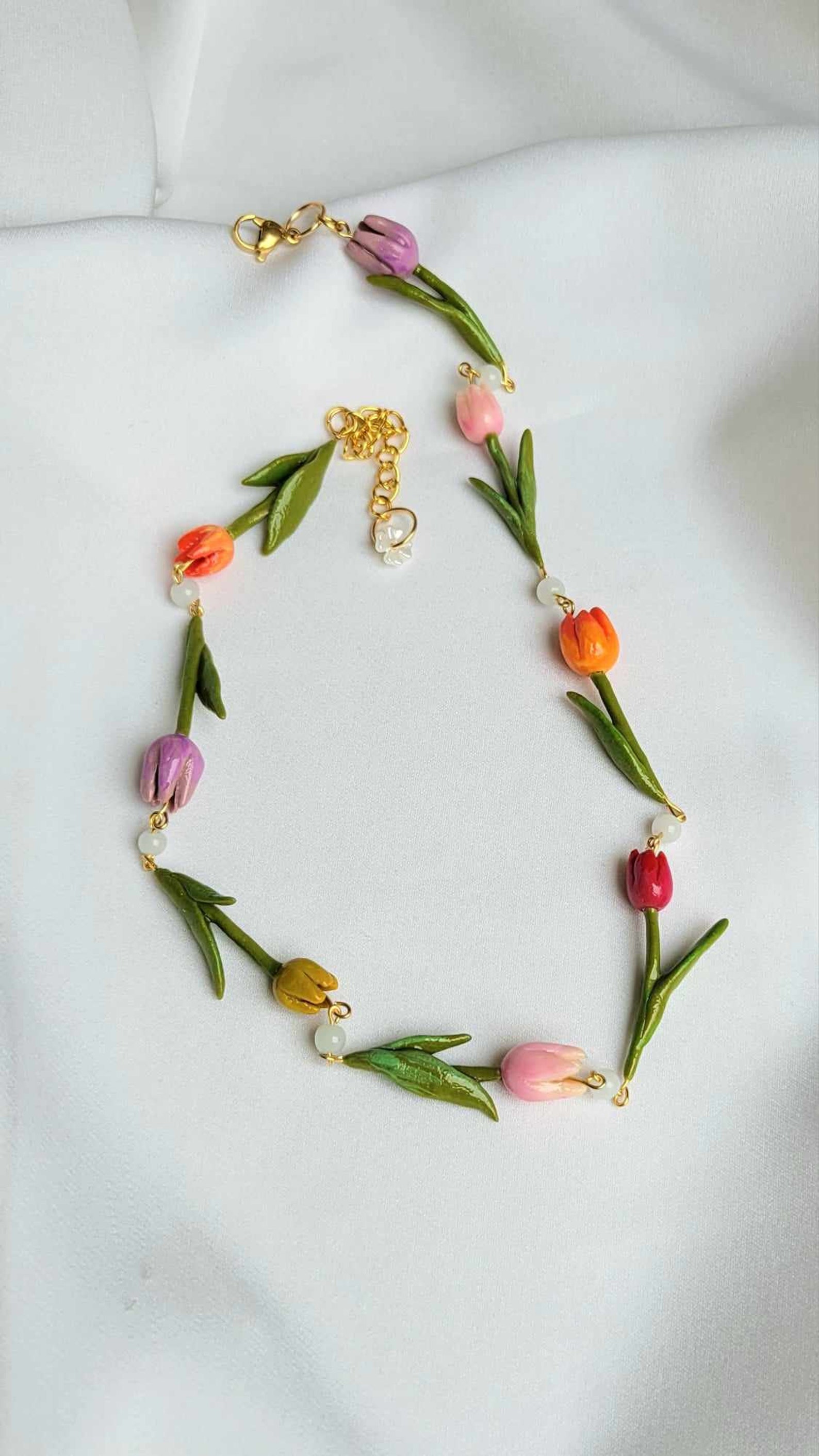 Tulips Flowers Wreath Necklace Cottage Core Polymer Clay Jewelry Gift ...