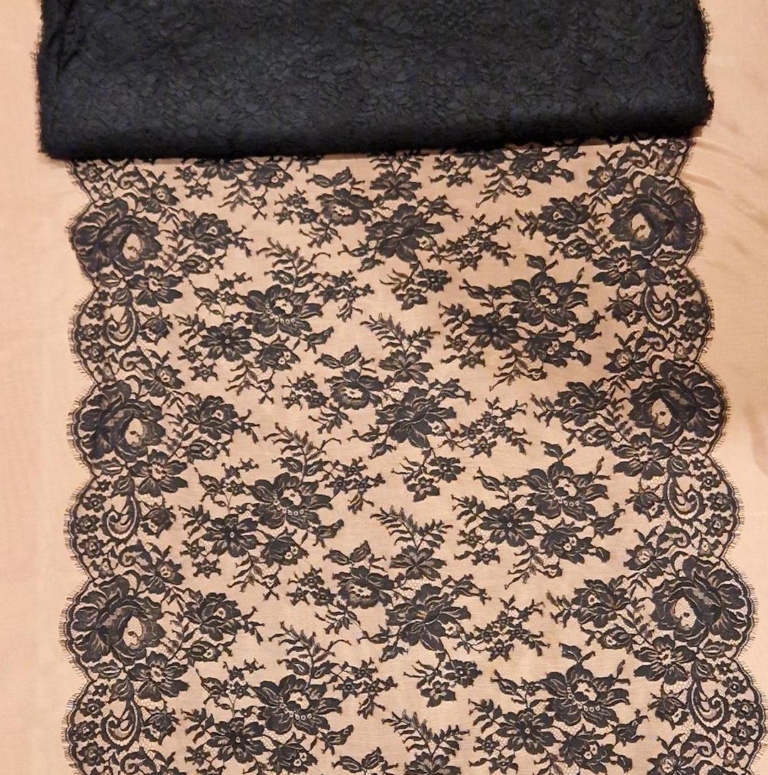 Luxury French Black Floral Solstiss Lace, Double Scalloped, 67cm Width ...
