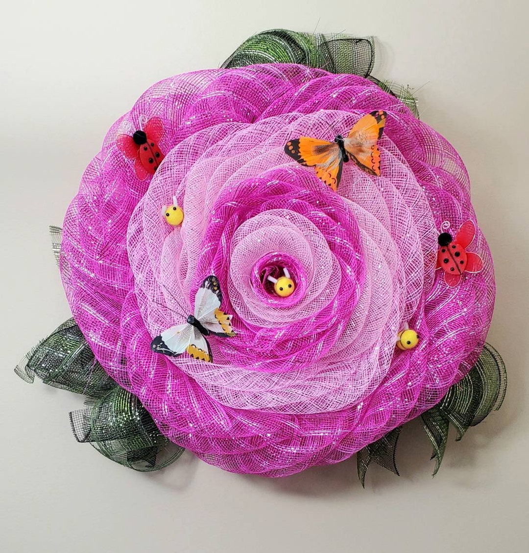 Flower Petal Wreath, Pink Deco Mesh Wreath, Whimsical Wreath, Butterfly ...