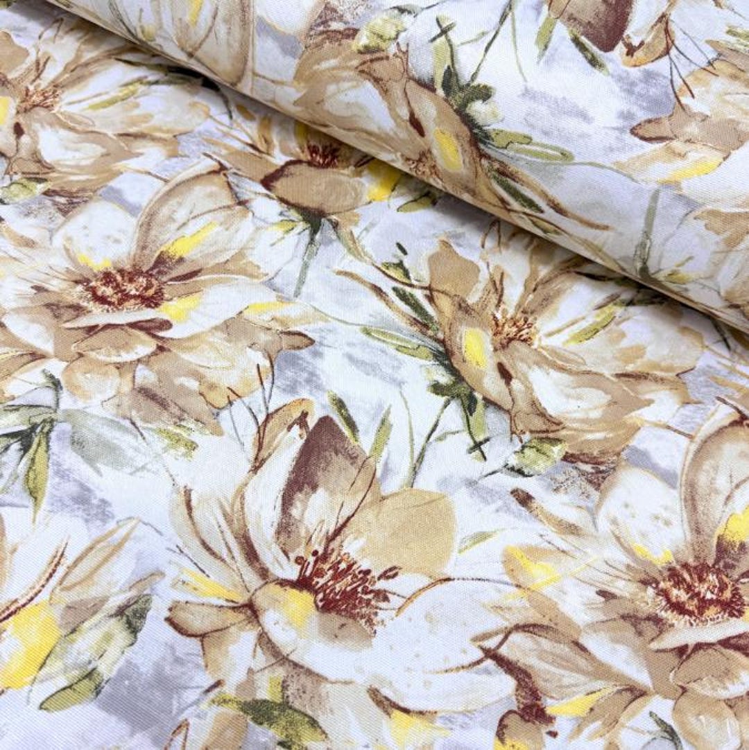 Lotus Flower Fabric, Beige Floral Upholstery Fabric, Watercolor Fabric ...