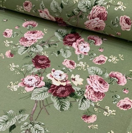 Rosengarten-Stoff, grüner Blumenstoff, rosa Blumenstoff, Shabby Chic ...