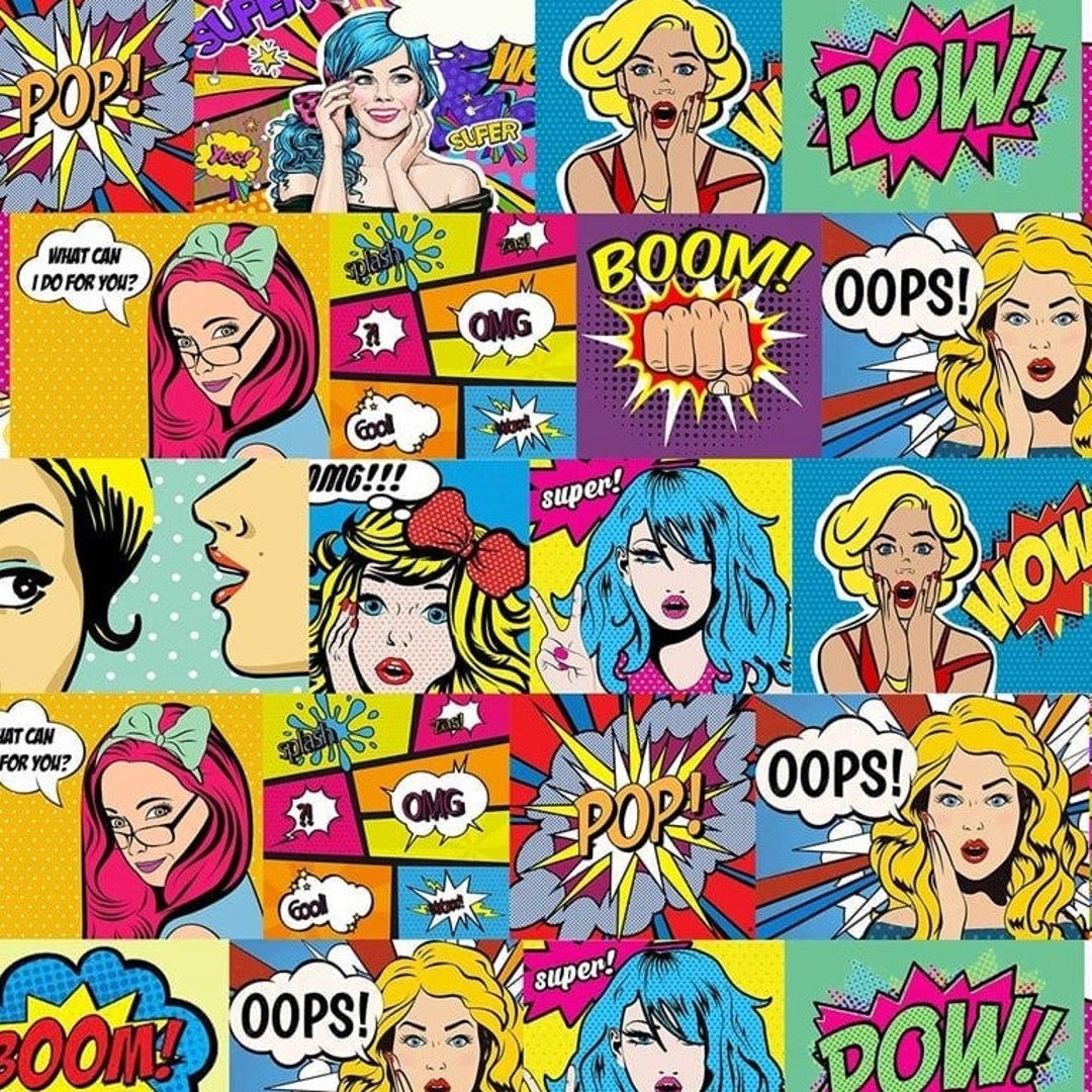 Comic Fabric, Pop Art Fabric, Retro Pattern Fabric, 60s 70s Graffiti ...