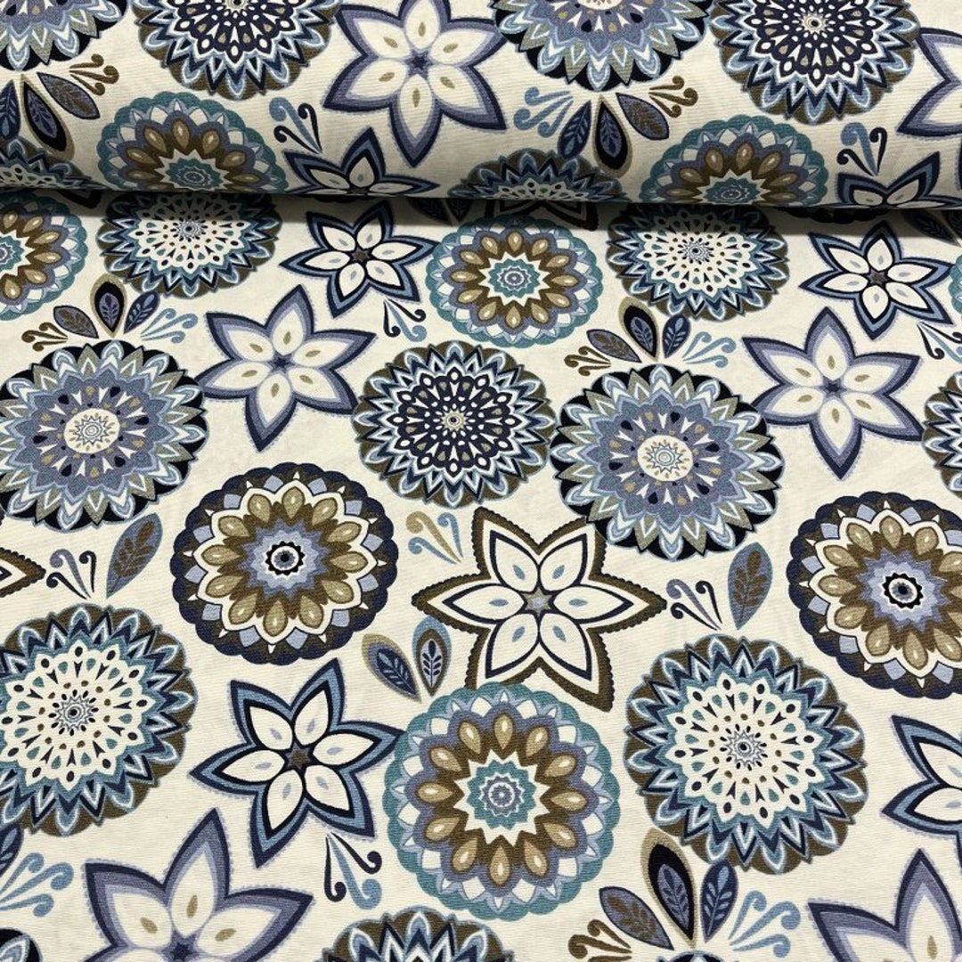 Mandala Fabric, Tile Fabric, Blue White Upholstery Fabric, Boho Floral ...