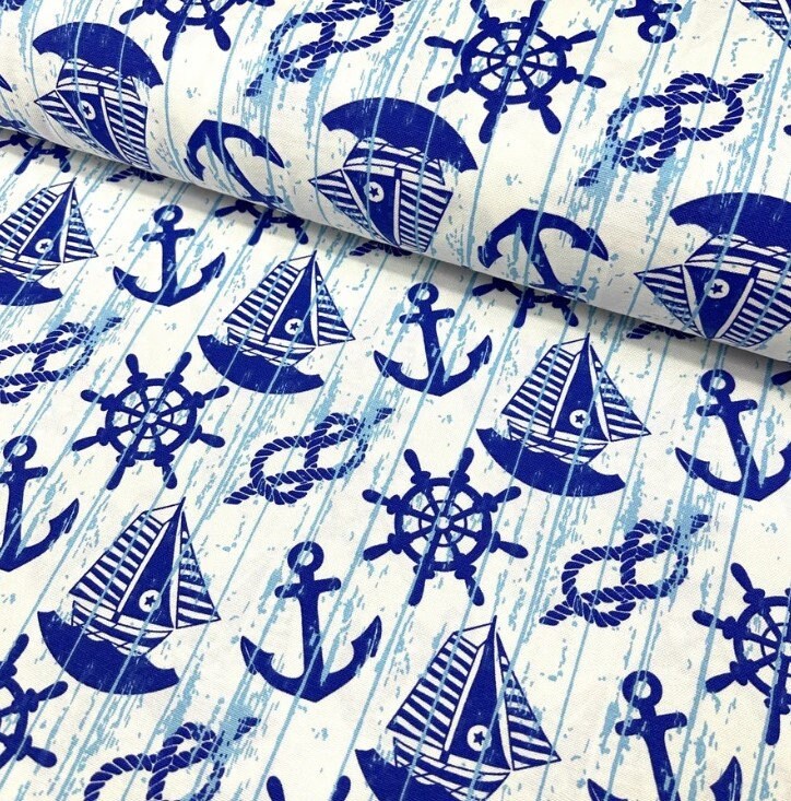 Nautical Upholstery Fabric, Sailboat Fabric, Anchor Fabric, Denim Blue ...