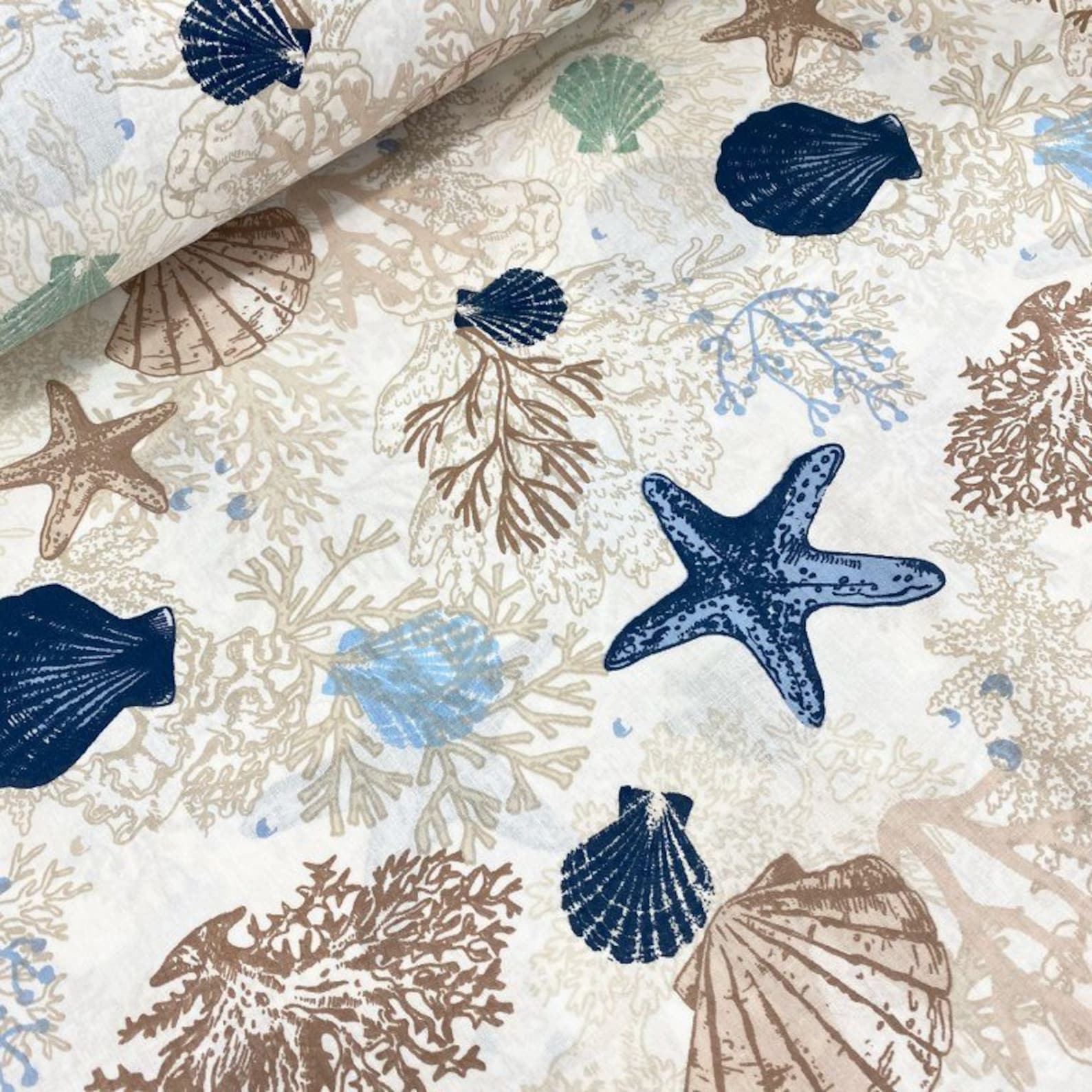 Nautical Cotton Fabric, Coastal Fabric, Sea Shell Fabric, Starfish Reef ...