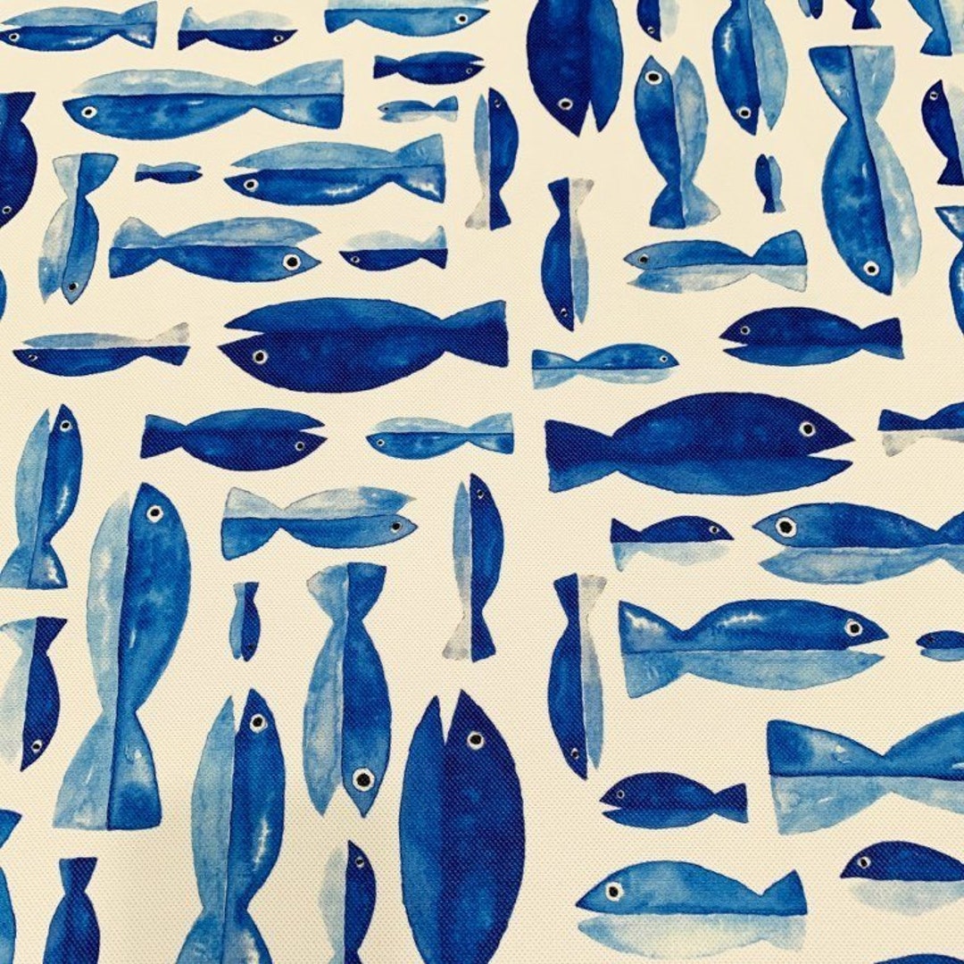 Nautical Fabric, Fish Print Fabric, Blue White Ocean Animal Kitchen ...