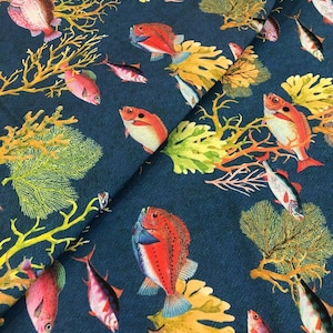 Under the Sea Fabric, Fish Print Fabric, Sea Life Fabric, Aqua Navy ...