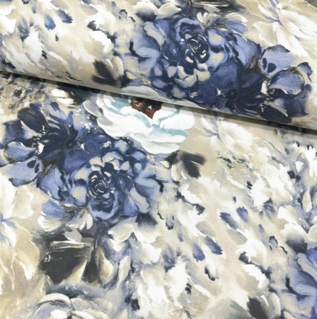 Abstract Floral Fabric, Blue and Gray Fabric, Flower Upholstery Fabric ...