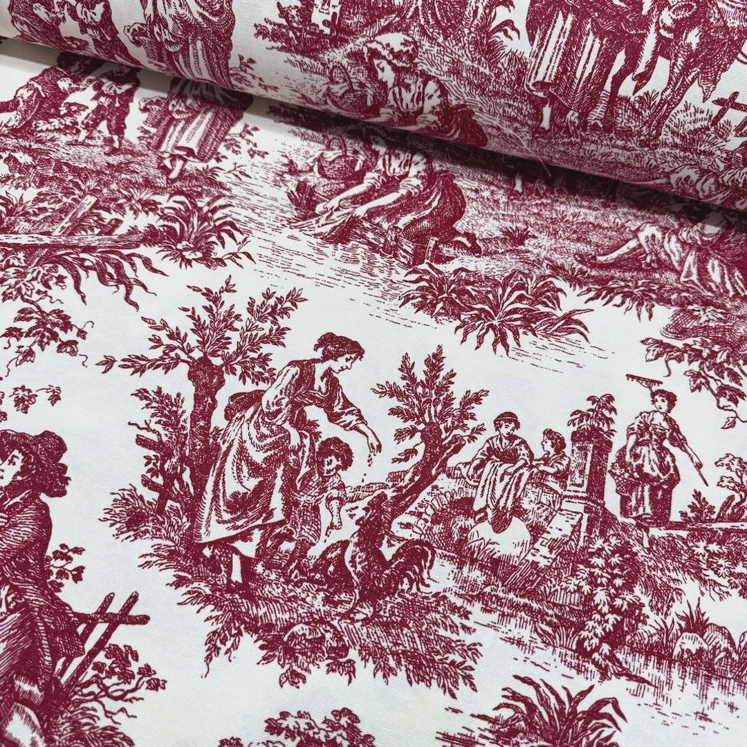 Toile De Jouy Fabric, Burgundy Upholstery Fabric, Maroon White Fabric ...