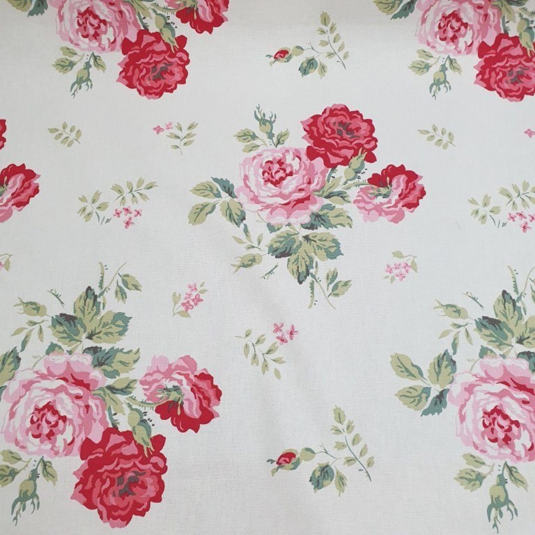 Red Pink Rose Fabric, Shabby Chic Fabric, Country Cottage Fabric ...