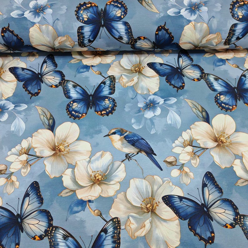 Blue Floral Upholstery Fabric, Butterfly Bluebird White Flower Large ...