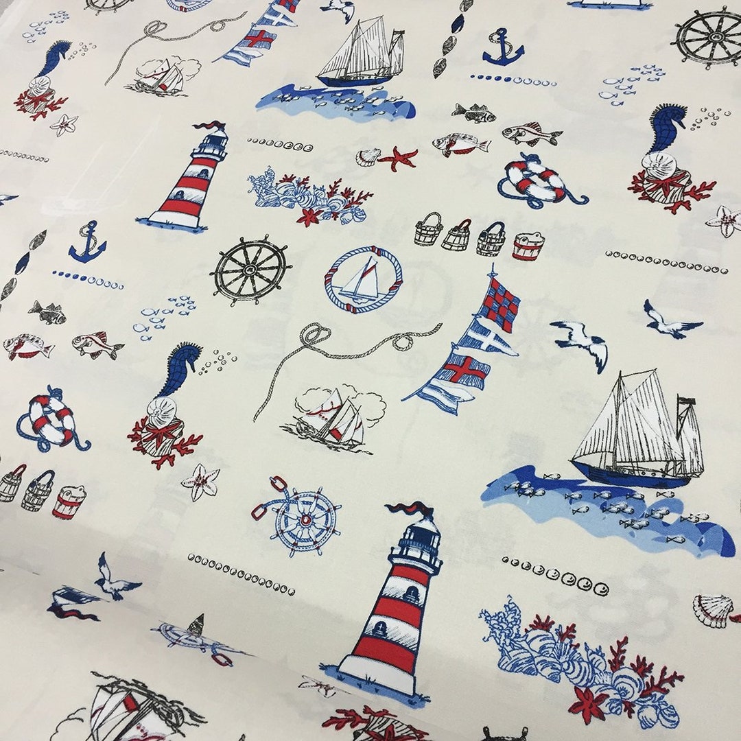Nautical Fabric, Boat Fabric, Marine Fabric, Lighthouse Fabric, Blue ...