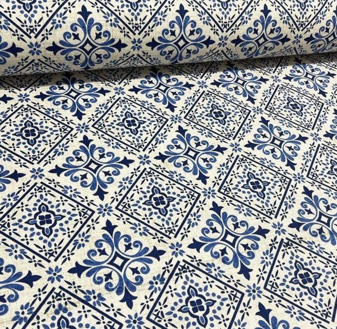 Mosaic Fabric, Tile Fabric, Blue White Fabric, Turkish Ottoman Moroccan ...