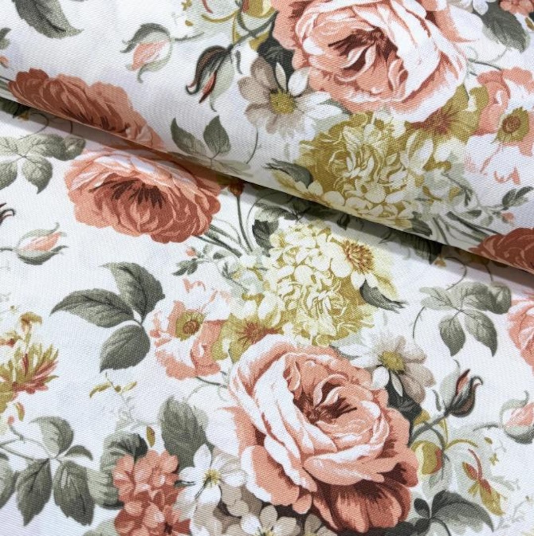Shabby Rose Fabric, Peach Floral Fabric, Large Flower Fabric, Vintage ...