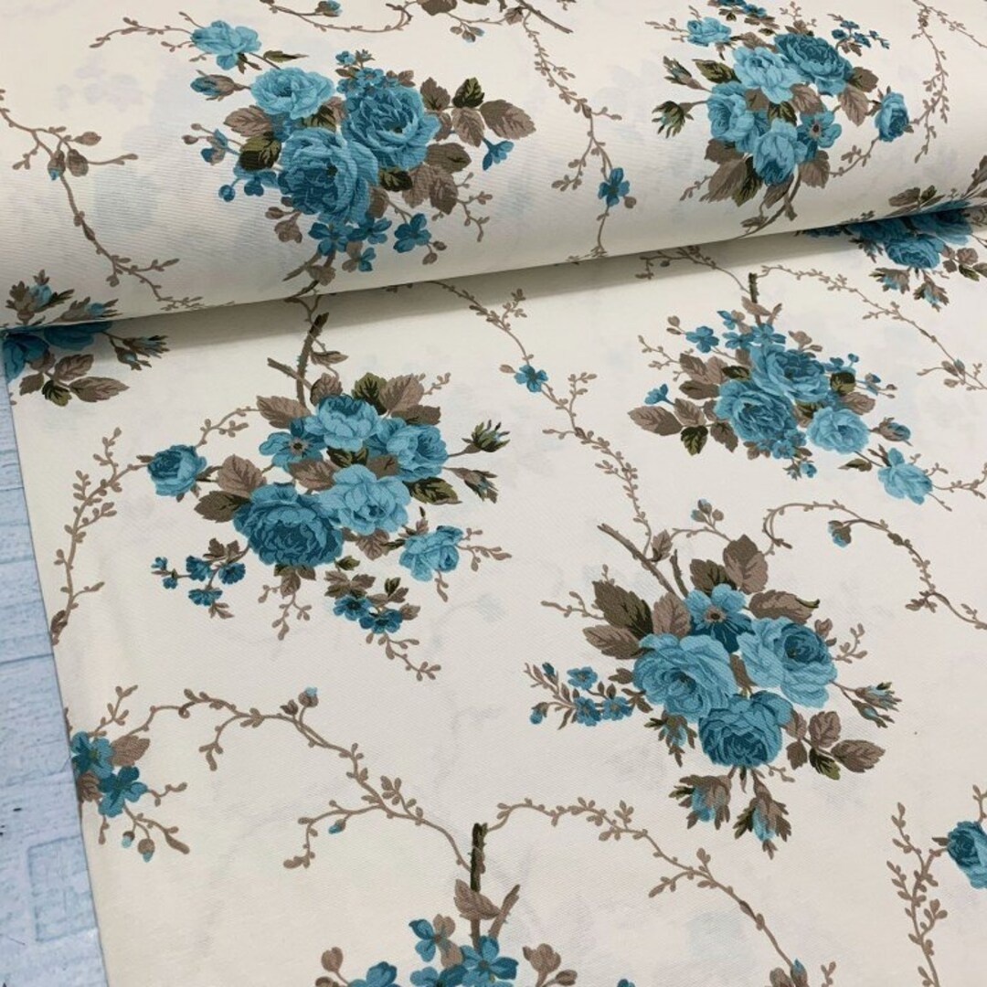 Rose Print Fabric, Blue Floral Upholstery Fabric, Teal Flower Fabric ...