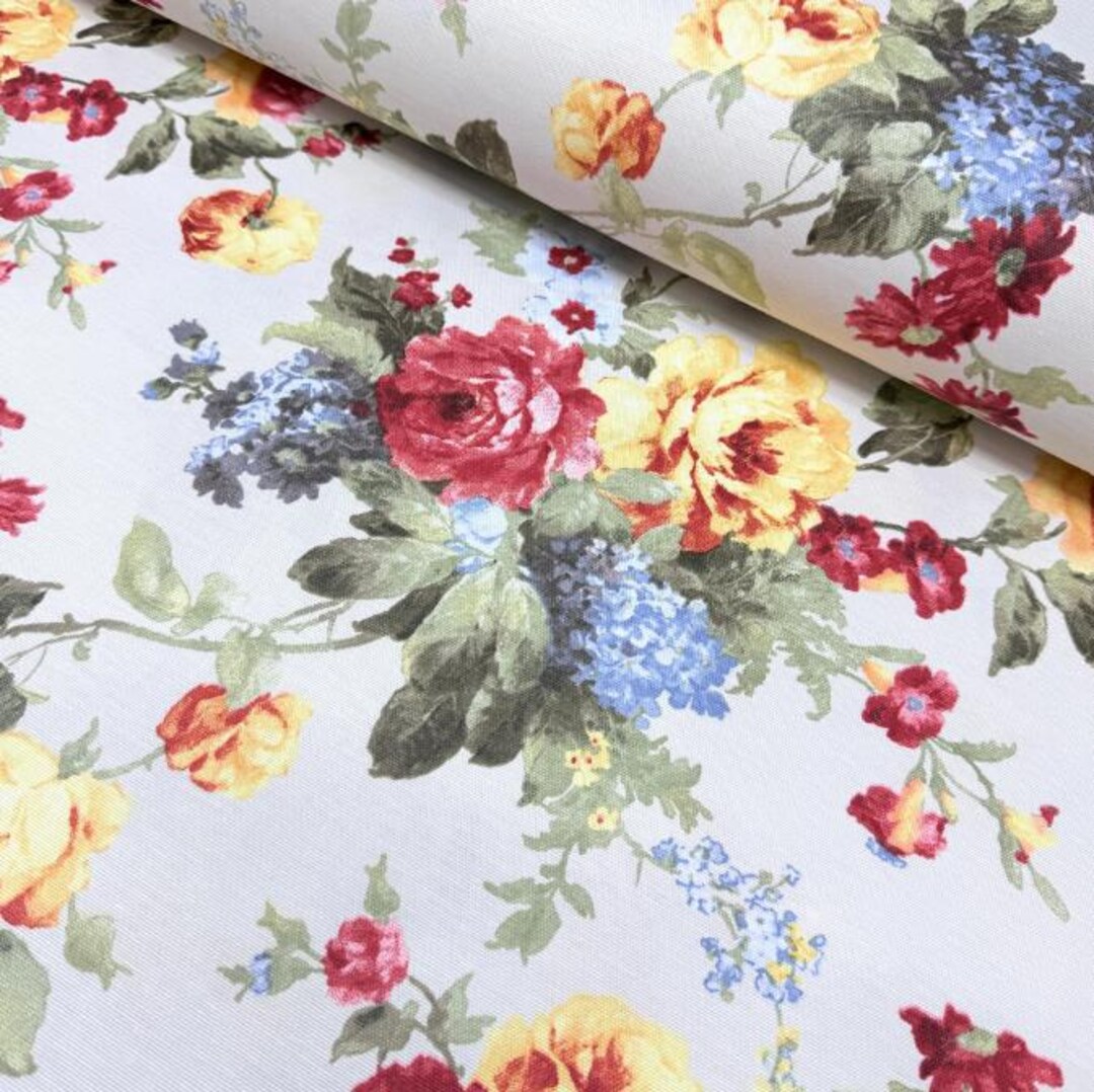 Yellow Rose Fabric, Red Floral Upholstery Fabric, Rose Garden Fabric ...
