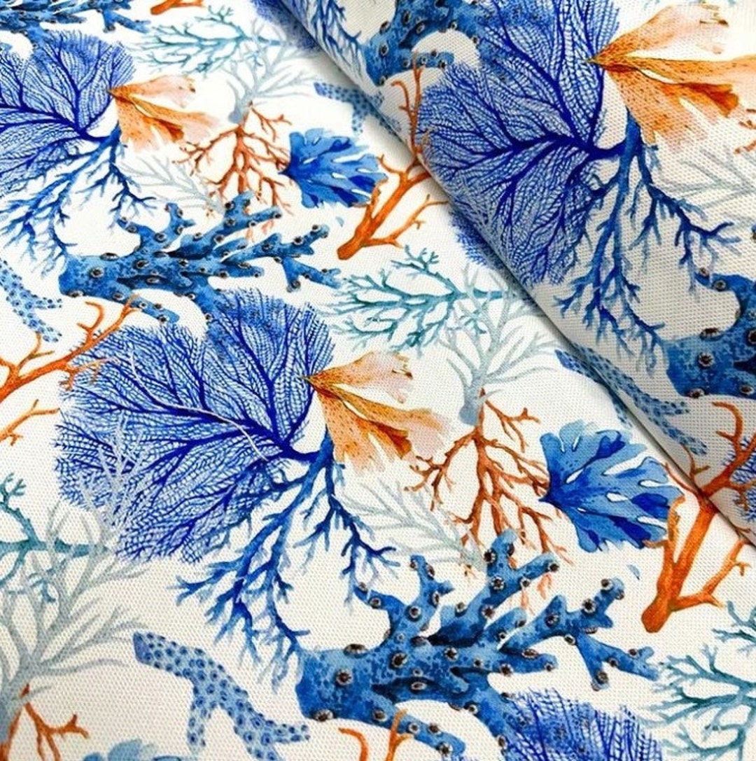Blue Coral Fabric, Nautical Upholstery Fabric, Underwater Fabric, Blue ...