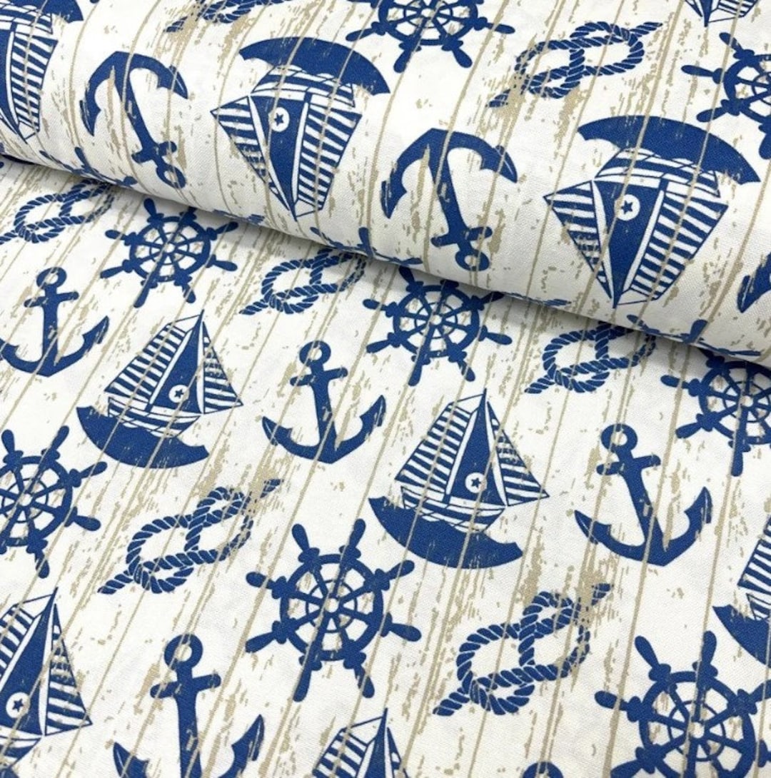 Nautical Fabric, Sail Boat Fabric, Blue White Upholstery Fabric, Rope ...