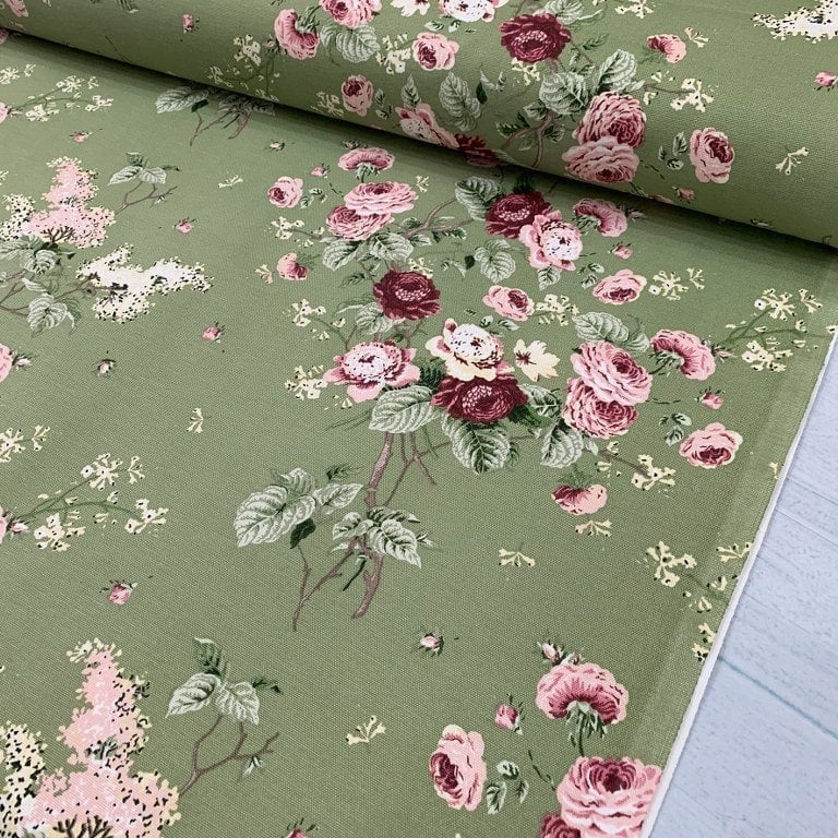 Rosengarten-Stoff, grüner Blumenstoff, rosa Blumenstoff, Shabby Chic ...