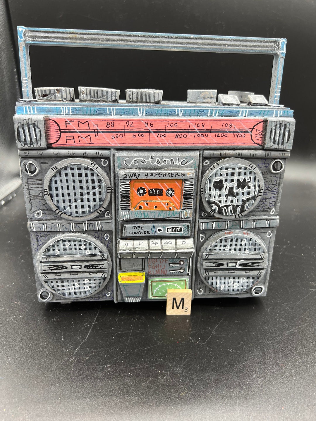 Retro Hand Painted Boom Box, Original Pop Art Wood Sculpture, Artist ...