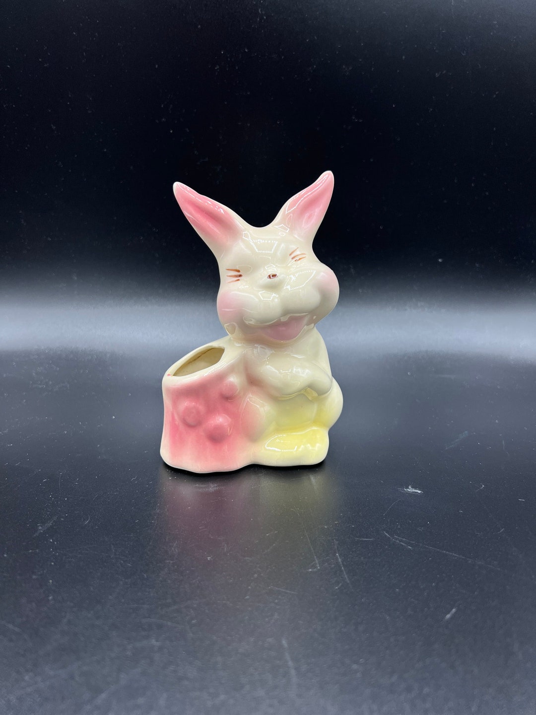 Vintage 1960s Goofy Rabbit Ceramic Planter: Pink & Yellow Nursery Decor ...