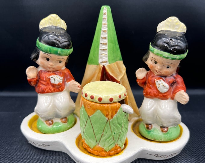 Vintage 1950s Ceramic Native American Salt & Pepper Shakers + Drum and ...