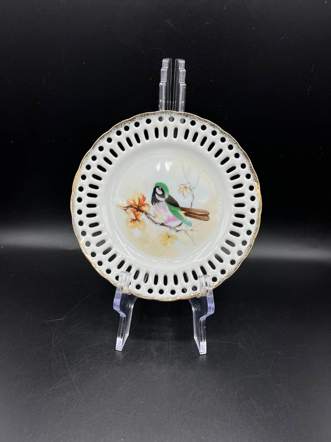 Vintage Finch Plate: Hand-painted Lustreware Bird Dish, Reticulated ...