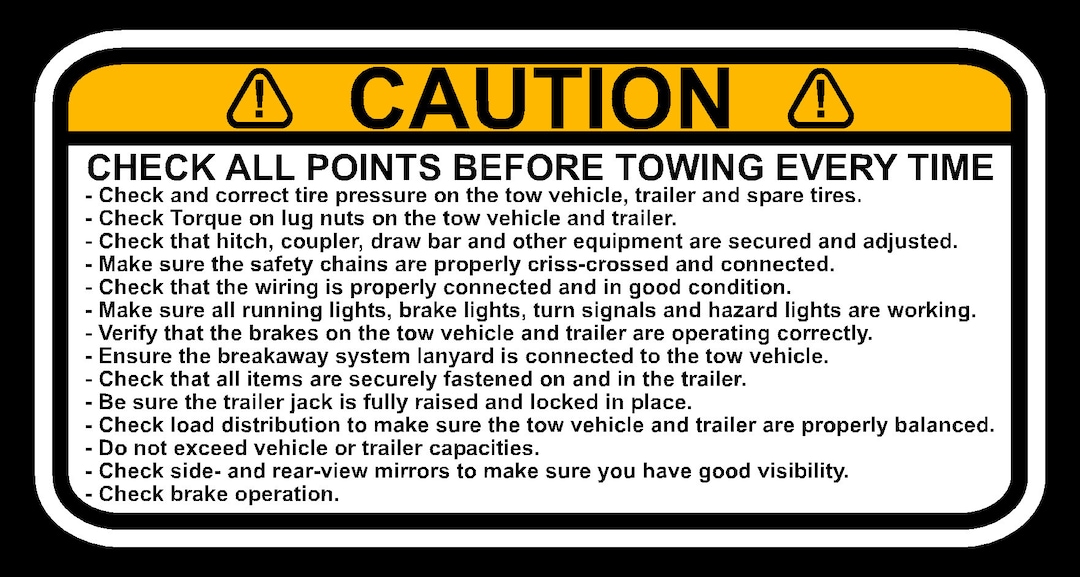 Reflective Trailer Safety Towing Checklist Caution Decal, Sticker ...