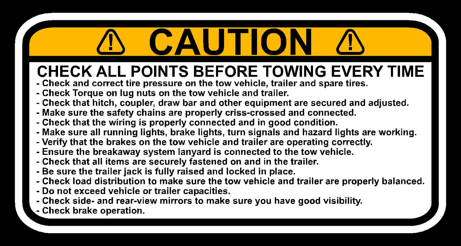Reflective Trailer Safety Towing Checklist Caution Decal - Etsy